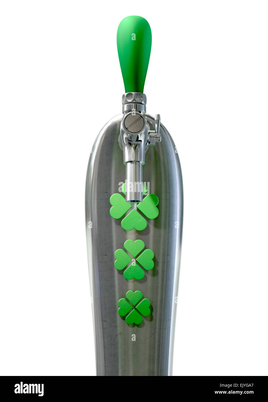 A green irish themed chrome draught beer tap with four-leaf clover ...