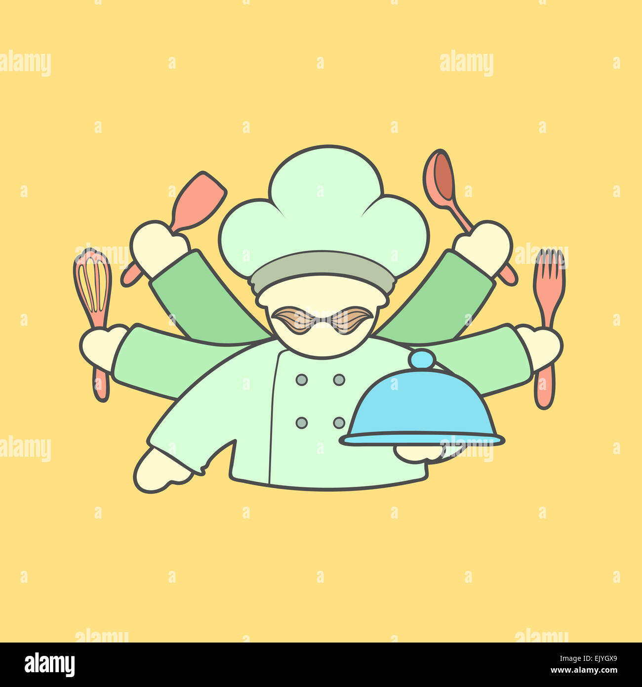 Flat vector icon of cute chef with mustaches and cutlery Stock Photo ...
