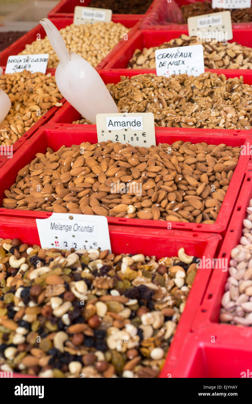 Nuts and fruit for sale at outdoor market, Paris, France Stock Photo ...