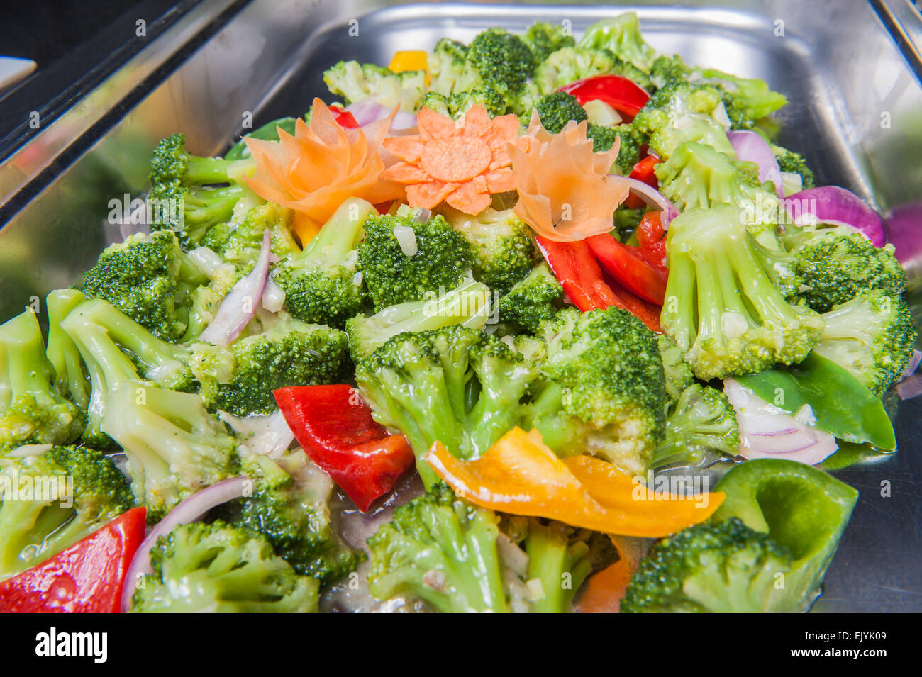 Closeup of stir fry vegetables meal on display at a chinese restaurant ...