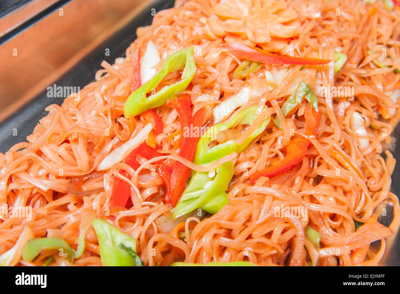 Closeup of chinese stir fried noodles on display at a hotel restaurant ...