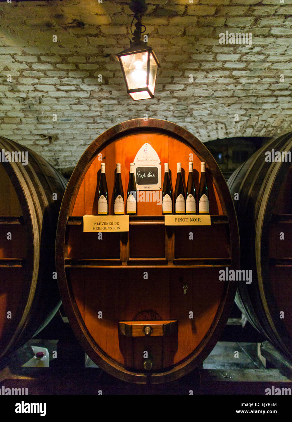Vats of old wine in the cellar of the Old Hospital, Strasbourg, France ...