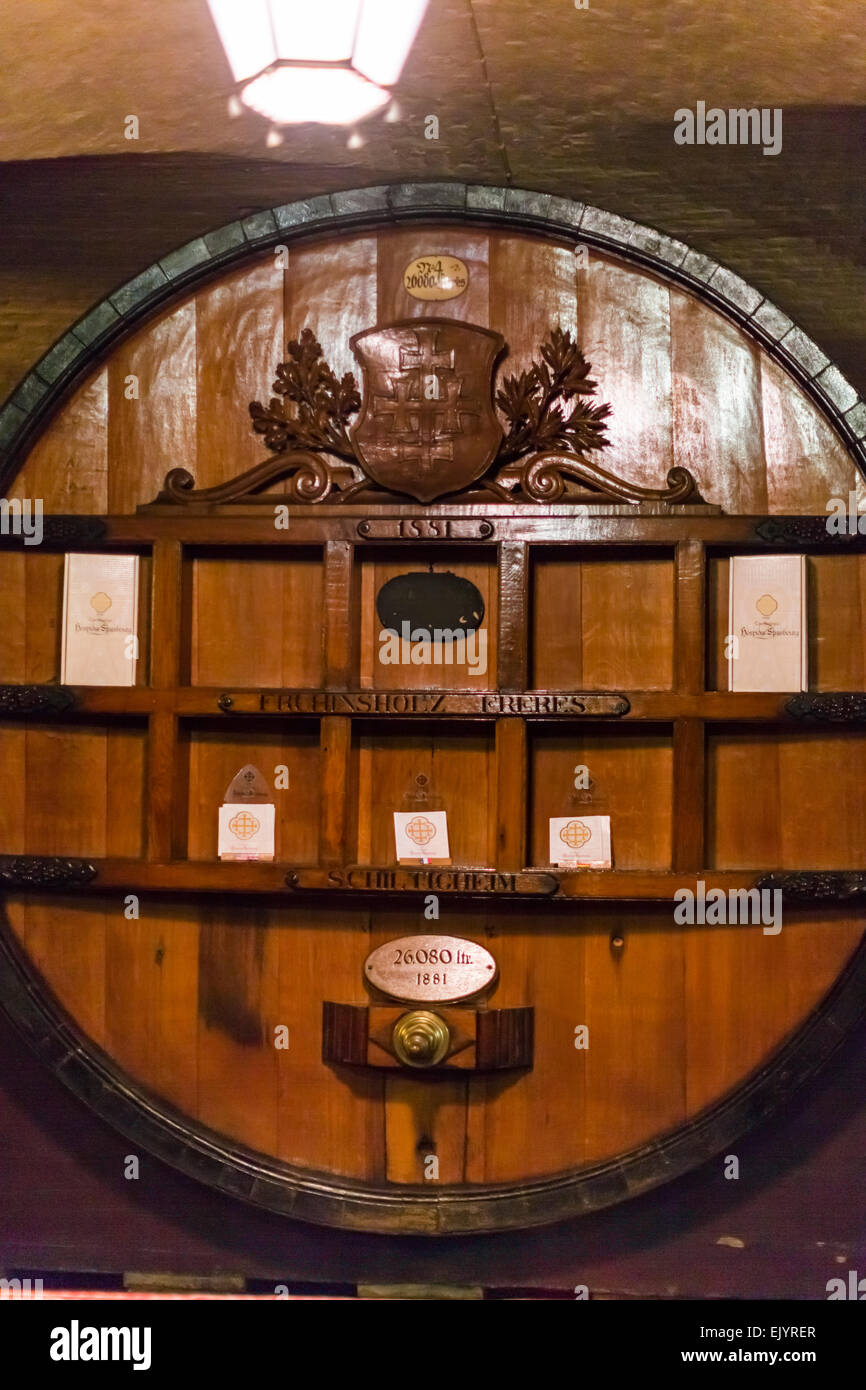 Vats of old wine in the cellar of the Old Hospital, Strasbourg, France ...