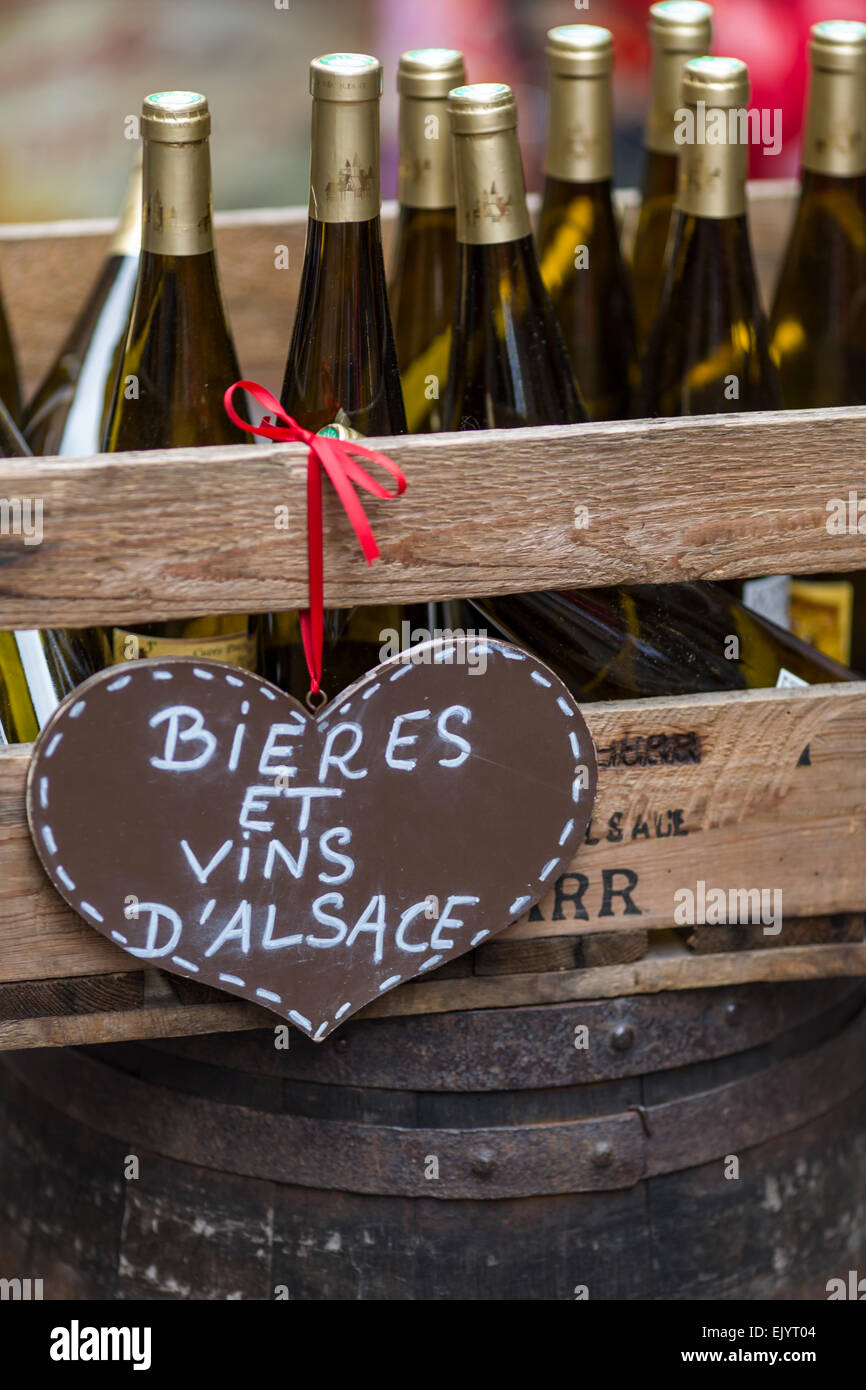 Alsace beer and wine bottles and sign on barrel, Strasbourg, France ...
