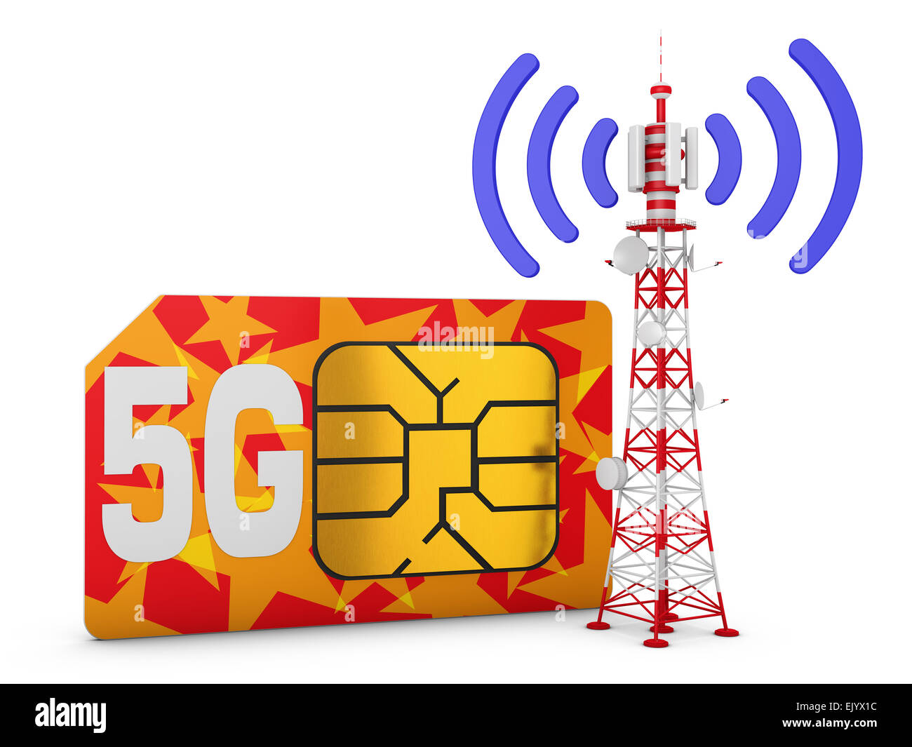 Sim card with the inscription 5G and telecommunication tower with ...