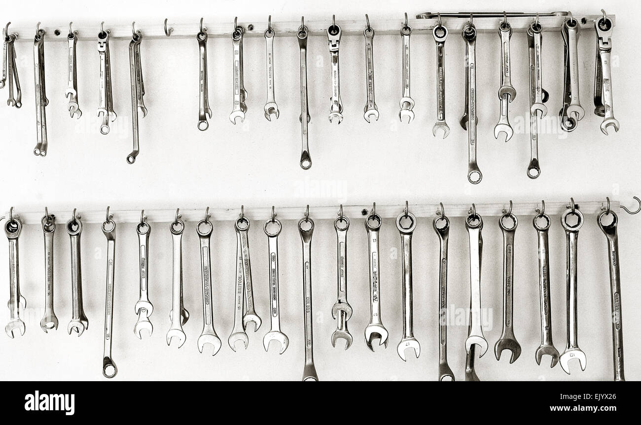 A regiment of Spanners hanging in the garage Stock Photo - Alamy
