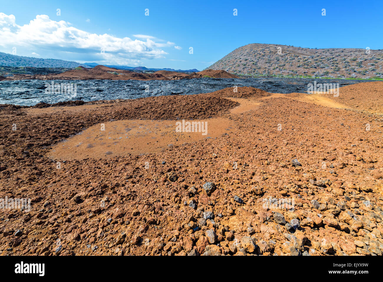 Barren landscape with dry lava flow visible on Santiago Island in the ...