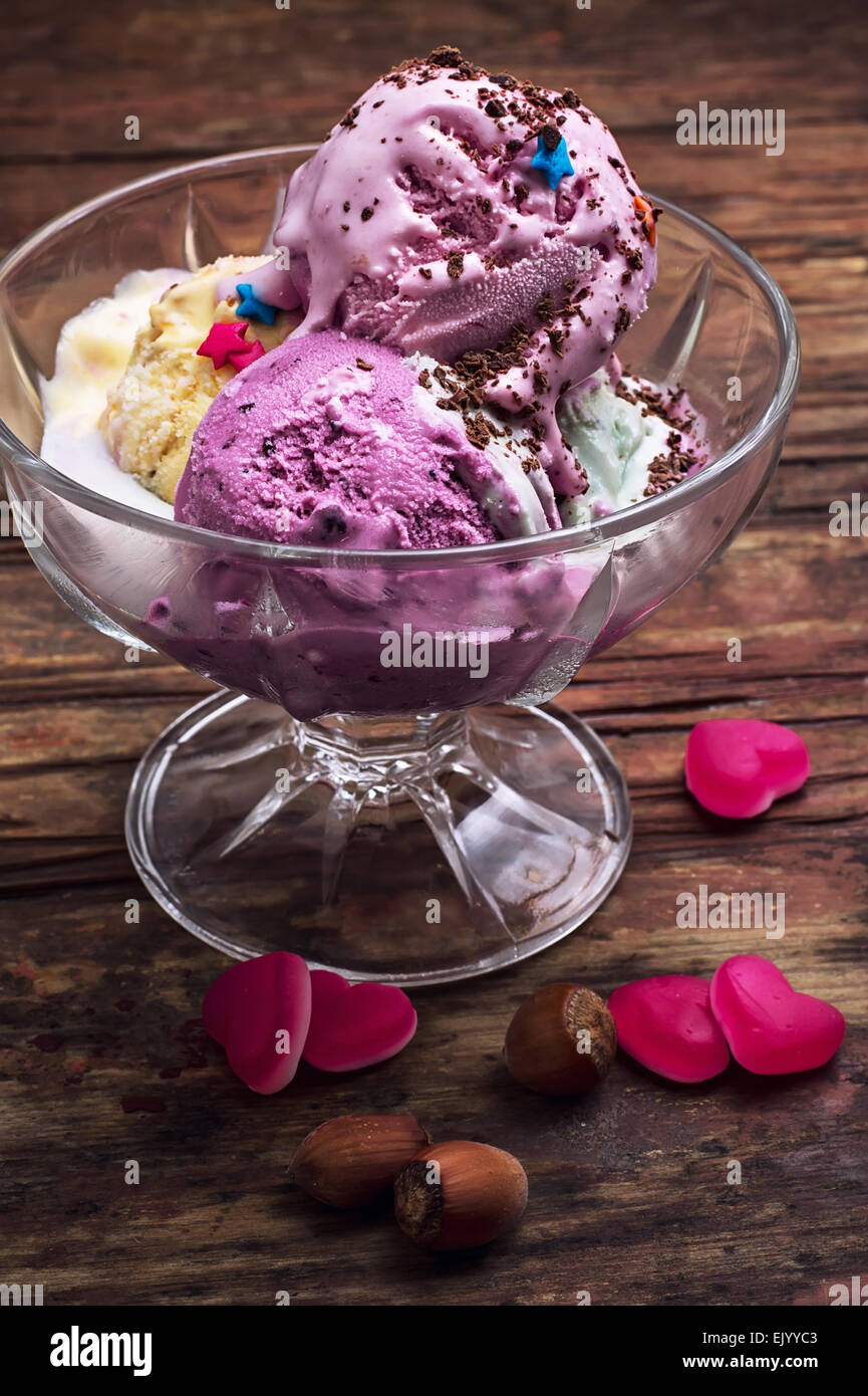 fruit ice cream in bowl.The image is tinted in vintage style.Shallow ...