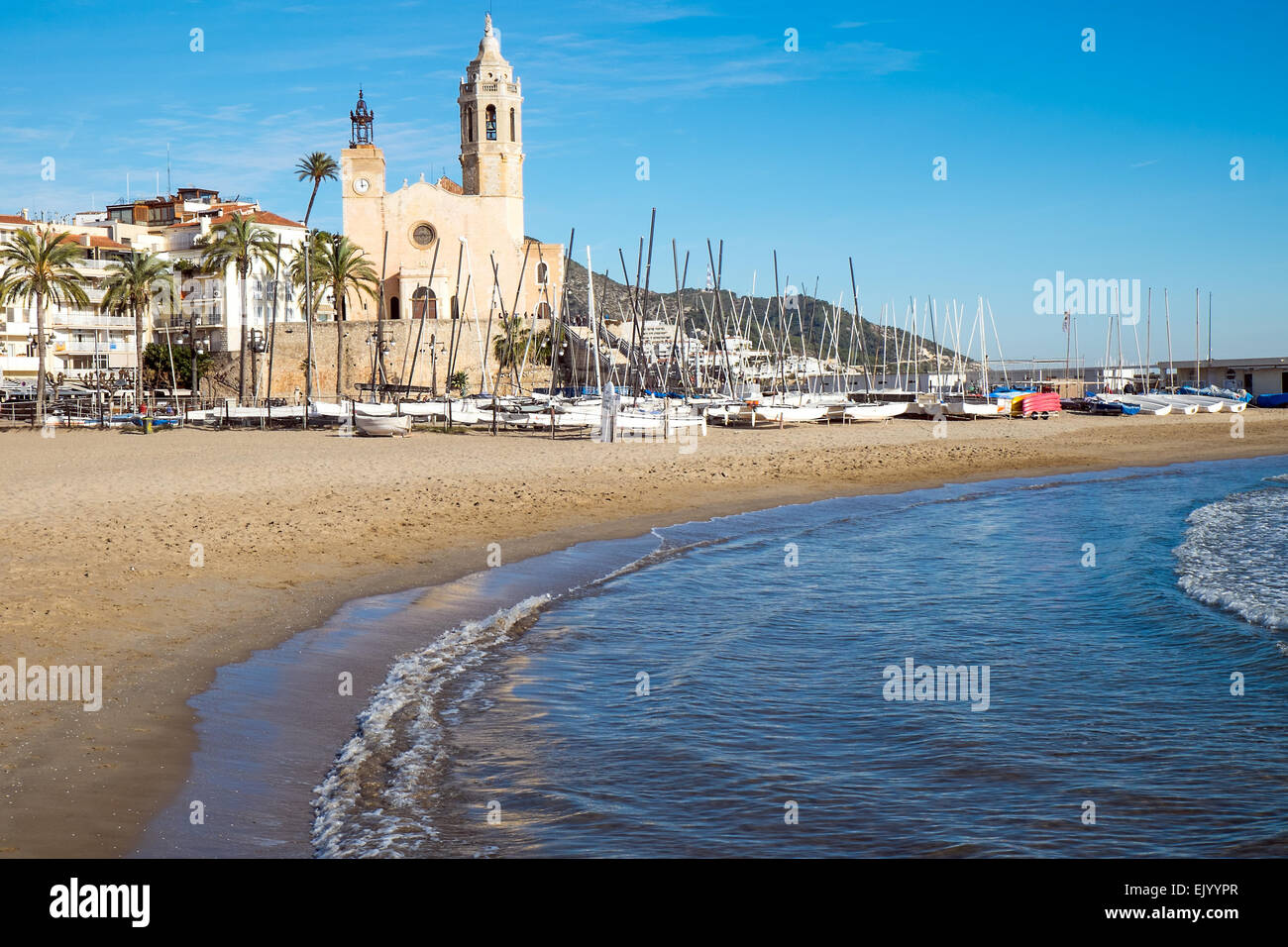 The church and the beach in Sitges, a small town near Barcelona Stock ...