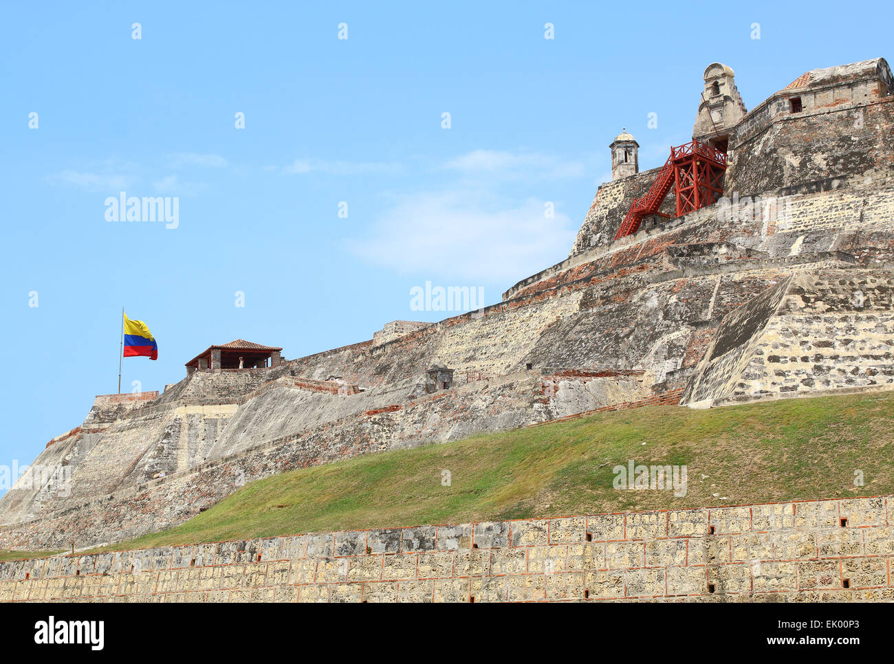 Colombian flag over the walls of the fortress of Castillo San Felipe in ...