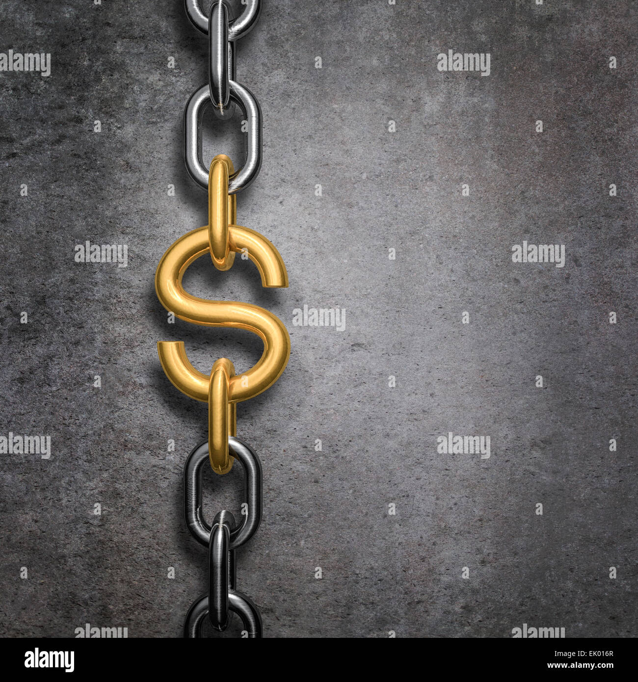 3d Render Of Metal Chain With Gold Dollar Symbol Link Against Concrete