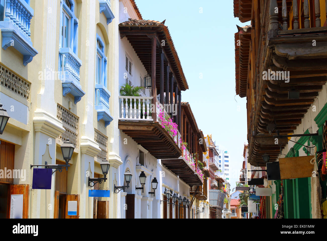 Colonial buildings and balconies in the historic center of Cartagena ...