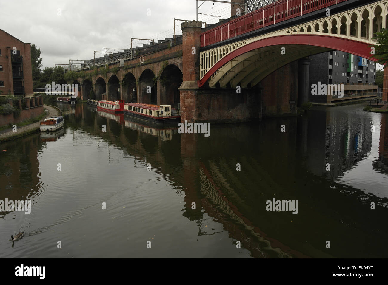 Grey sky view, to barges moored Bridgewater Canal, Manchester South ...
