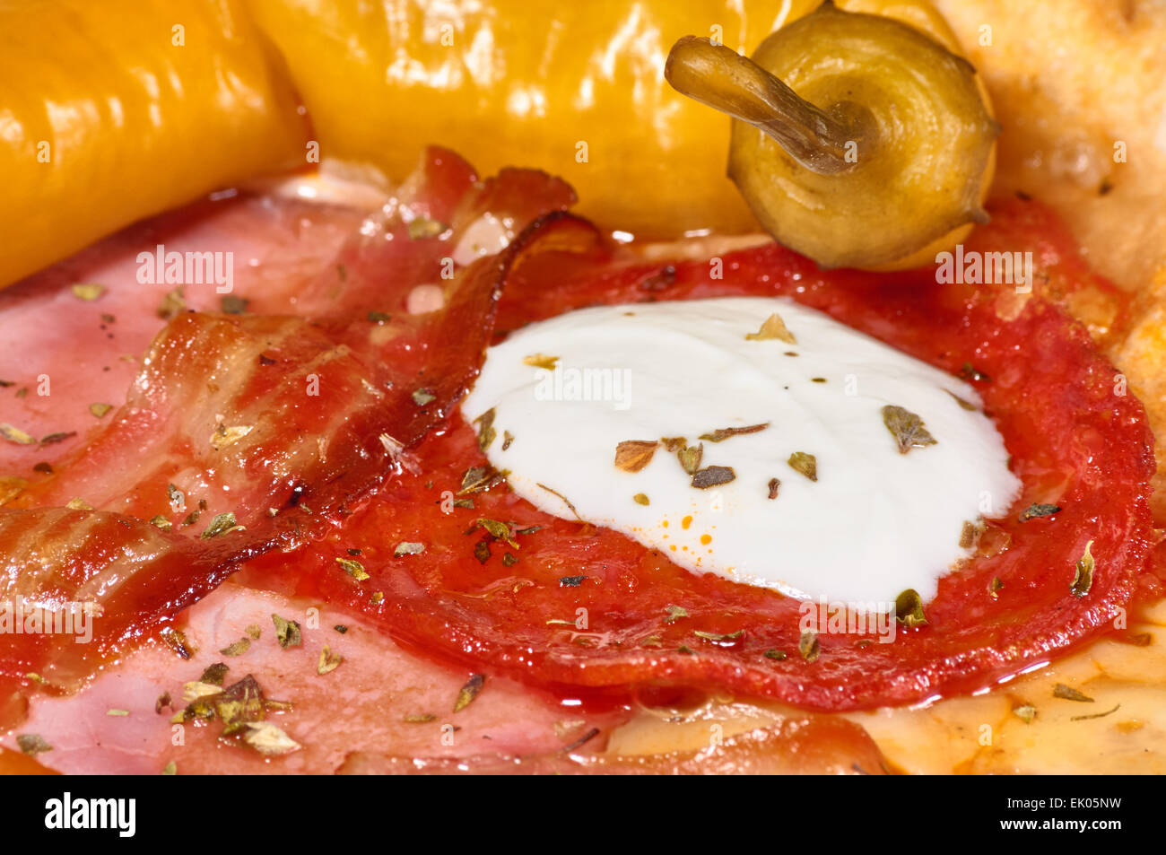 Delicious slavonian hot pepper pizza with kulen sausage and bacon ...