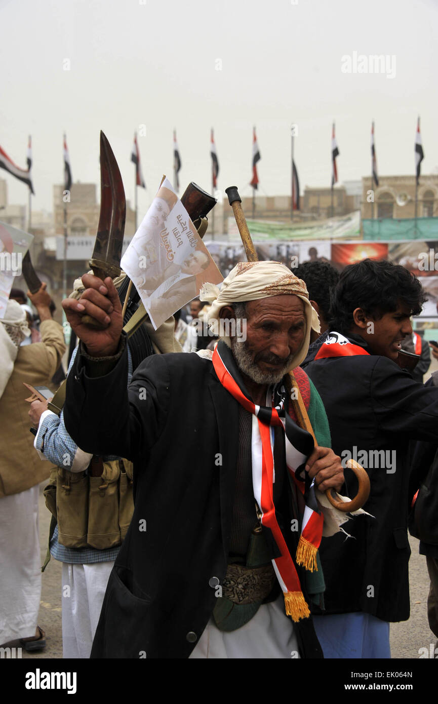 Sanaa, Yemen. 3rd Apr, 2015. Yemenis rally to denounce the air strikes ...