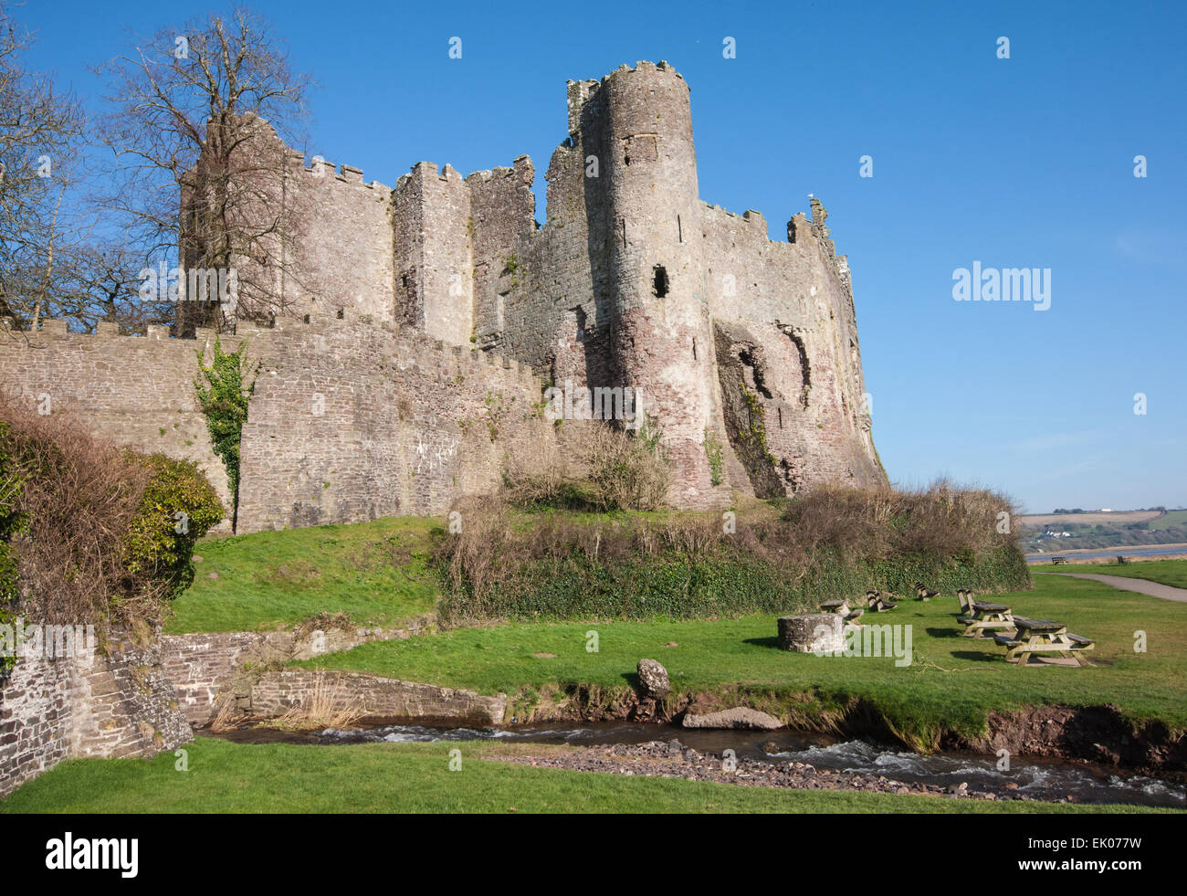 Laugharne Castle next to River Taf,and Taf Estuary. Village often ...