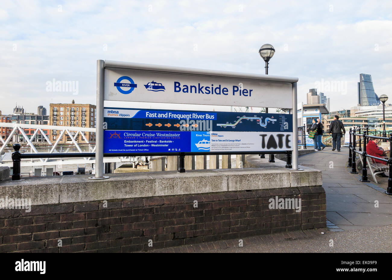 Sign at the entrance to Bankside Pier river bus boat station on the ...