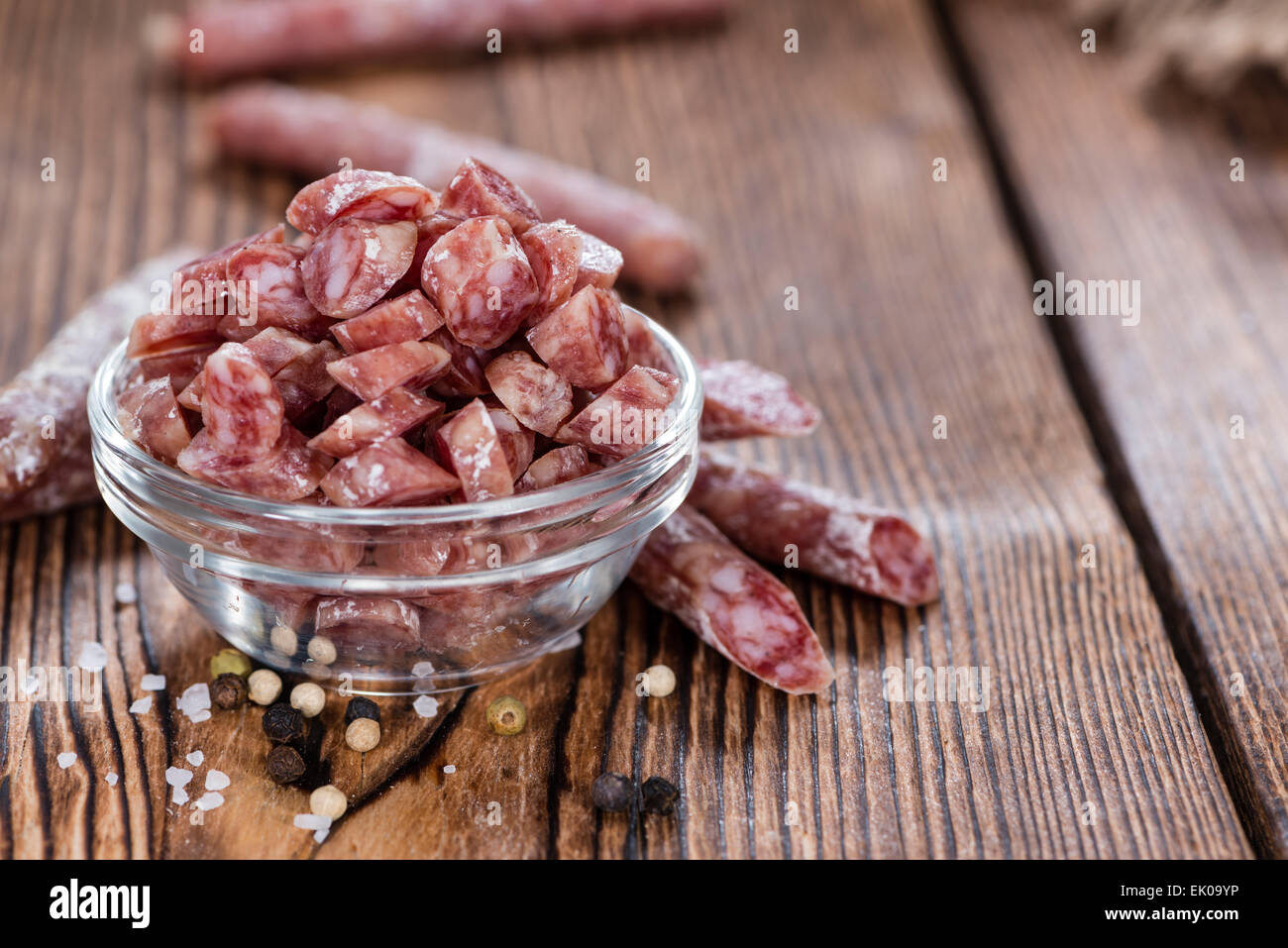 Sliced Mini-Salamis (detailed close-up shot) in a small bowl Stock ...