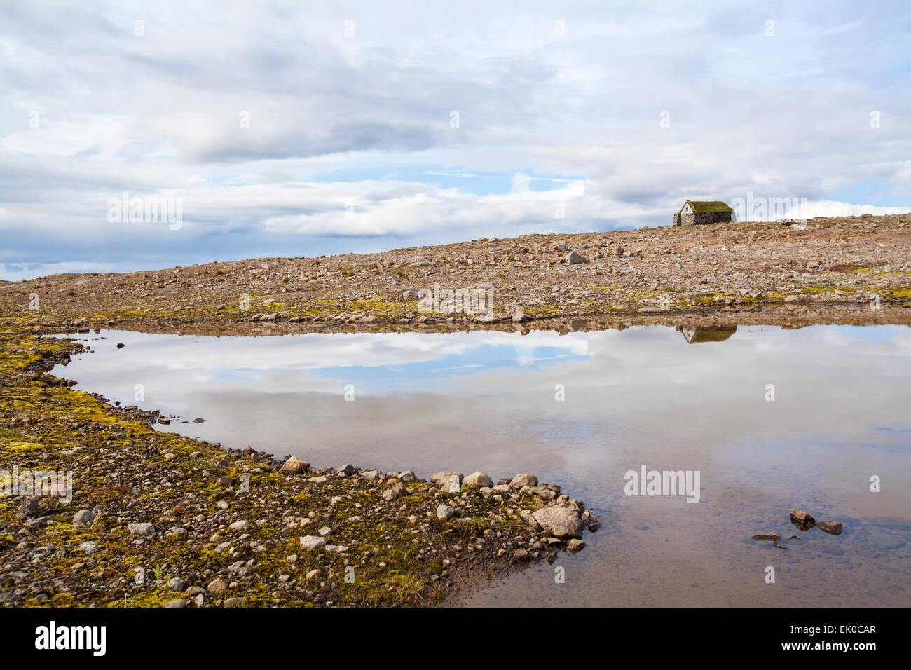 View of a stone turf roofed shelter house in the Westfjords of Iceland ...