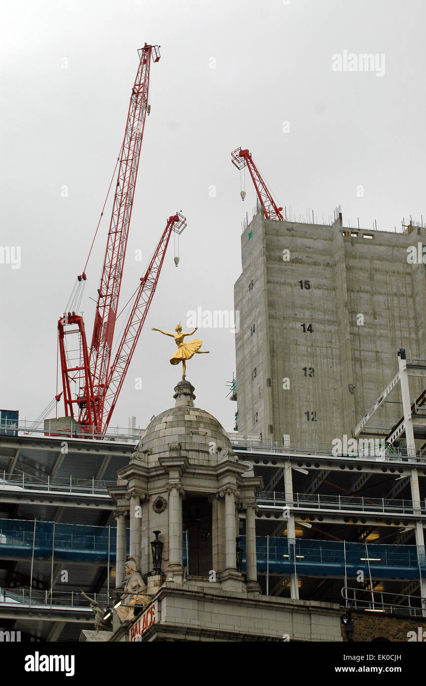 London, UK, 03 April 2015, the gilded statue of ballerina Anna Pavlova above the cupola of the ...