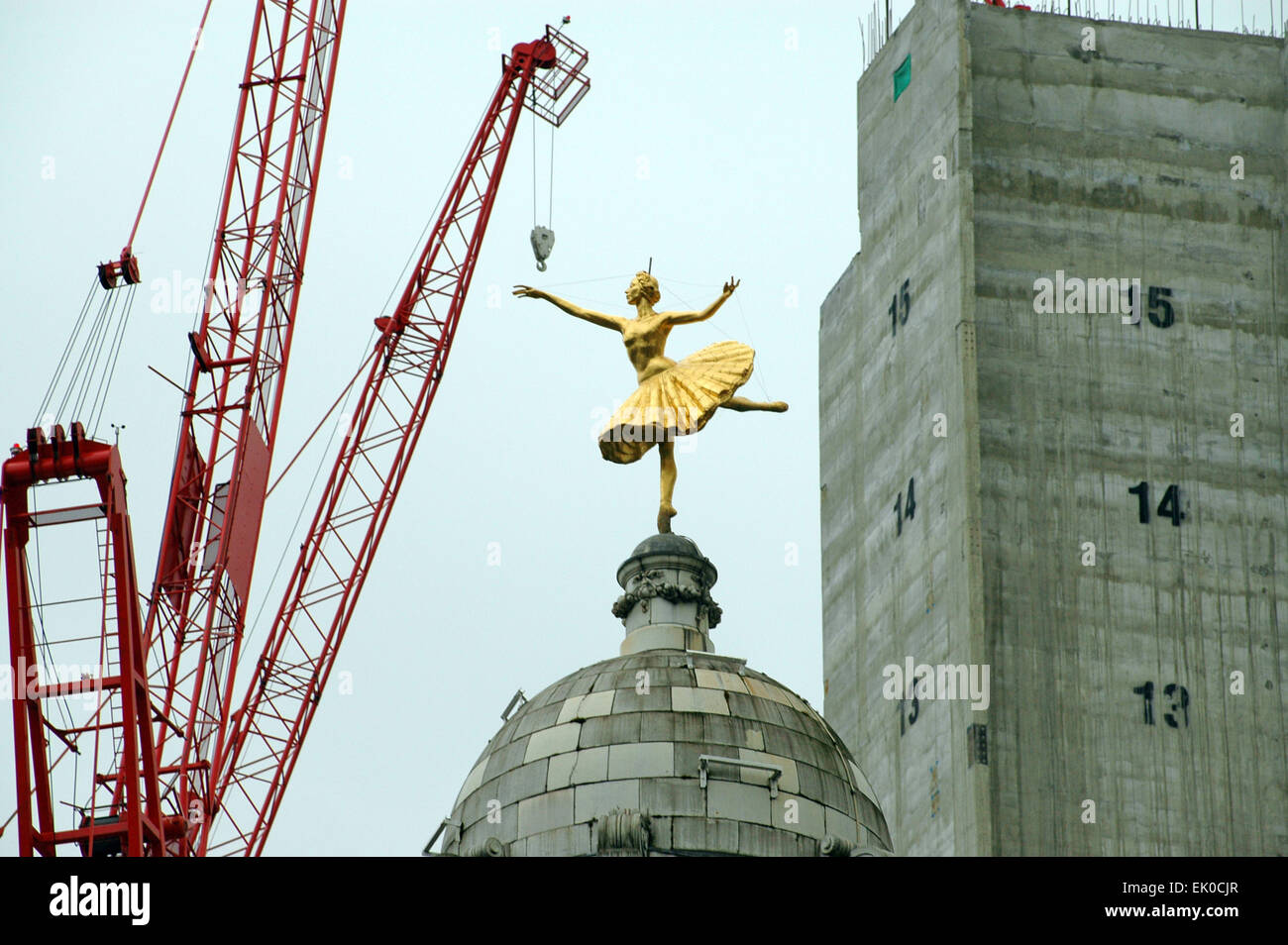 London, UK, 03 April 2015, the gilded statue of ballerina Anna Pavlova above the cupola of the ...