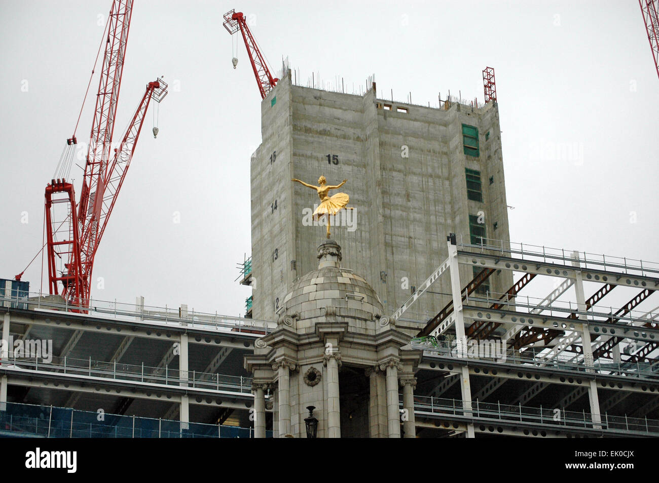 London, UK, 03 April 2015, the gilded statue of ballerina Anna Pavlova above the cupola of the ...