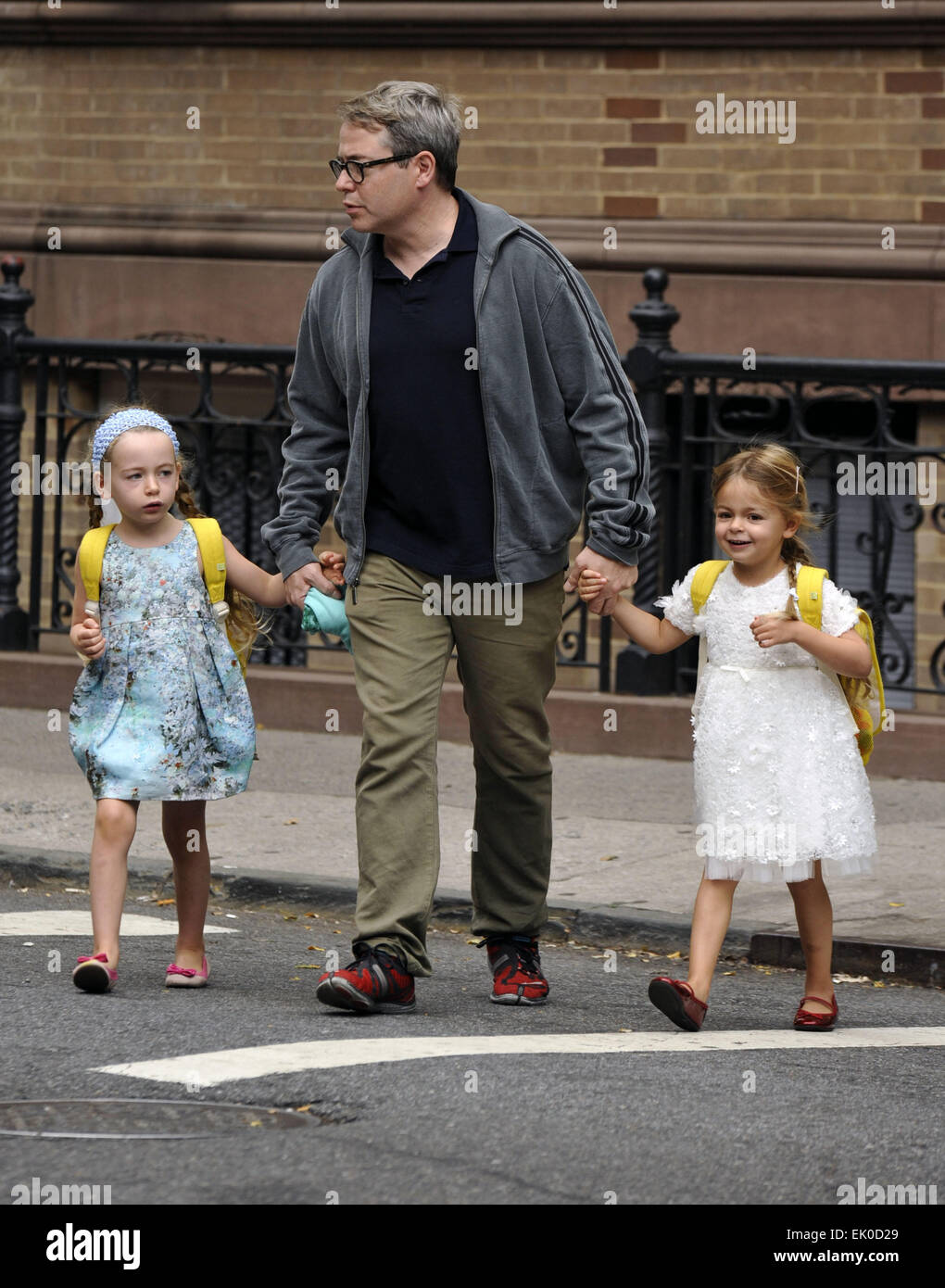 Matthew Broderick takes his twin daughters Marion and Tabitha to school ...
