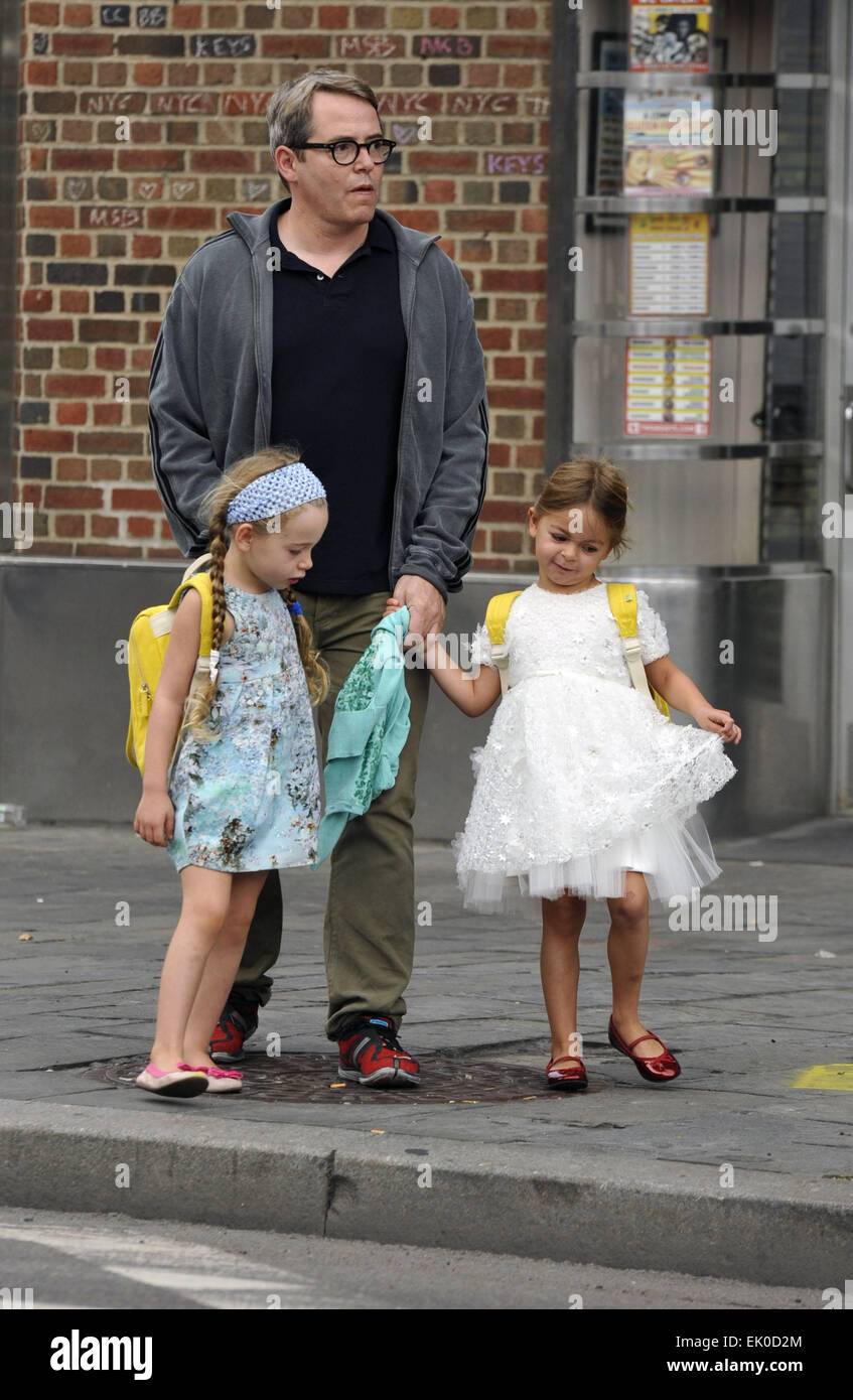 Matthew Broderick takes his twin daughters Marion and Tabitha to school ...