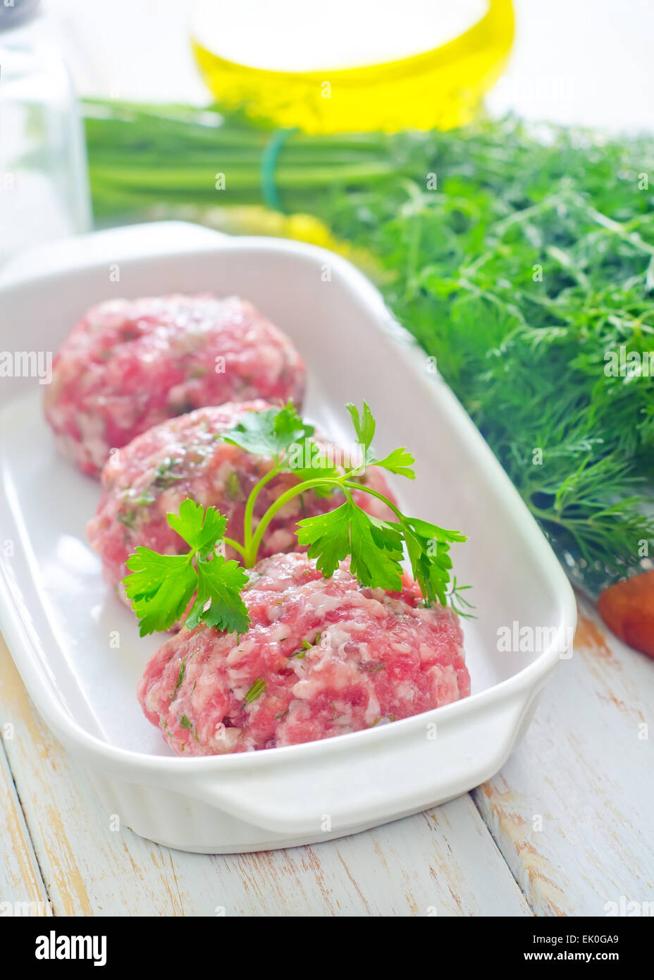 Raw meat balls in the white bowl Stock Photo - Alamy