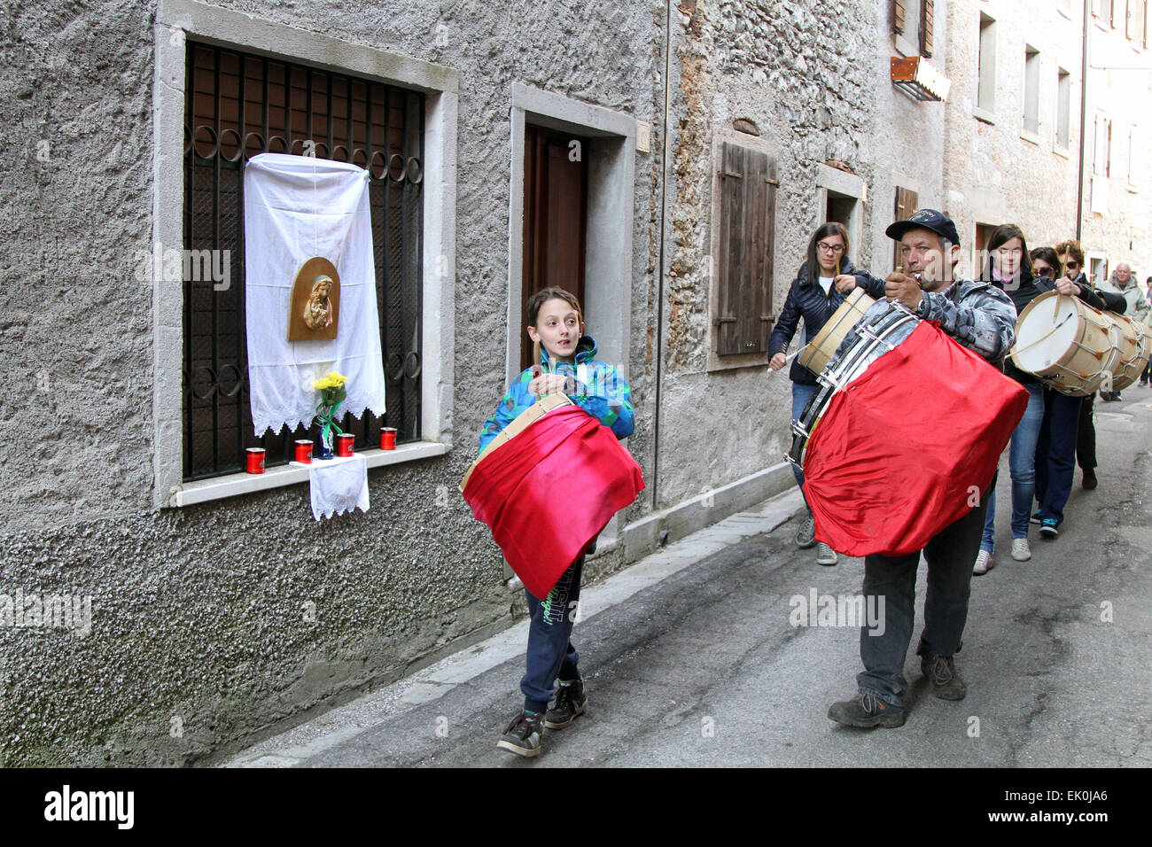 Erto, Italy. 3rd April, 2015. all the windows are decorated with sacred ...