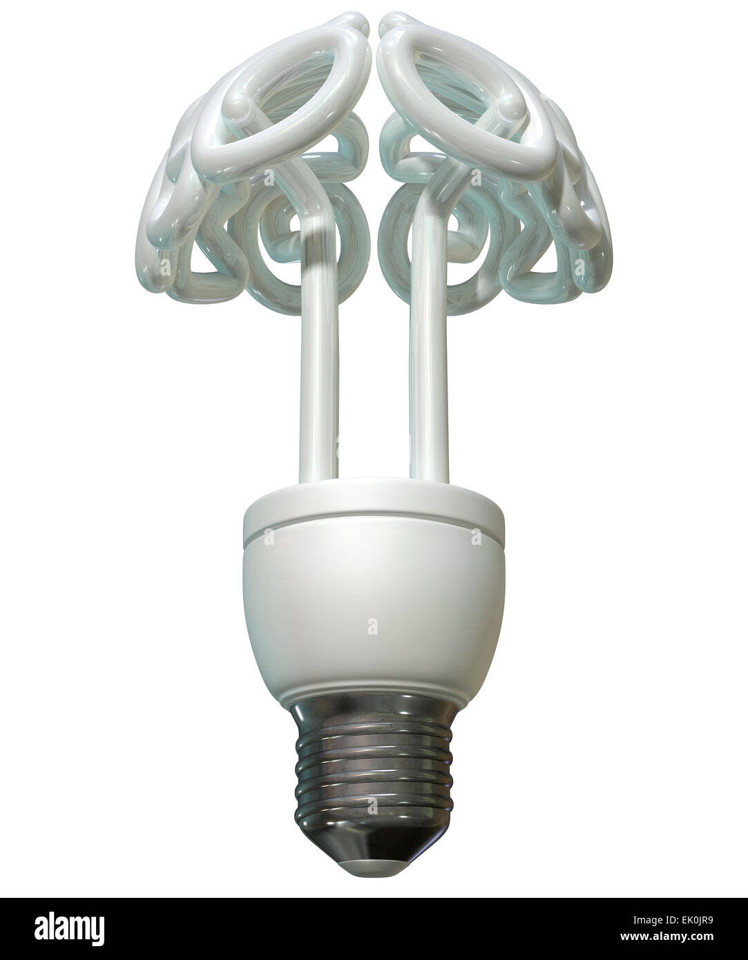 A regular fluorescent light bulb in the shape of a stylized brain on an ...