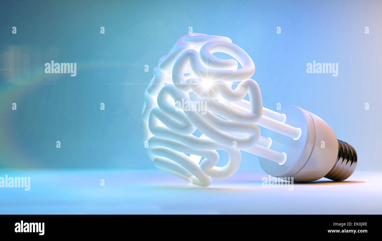 An illuminated fluorescent light bulb in the shape of a stylized brain ...