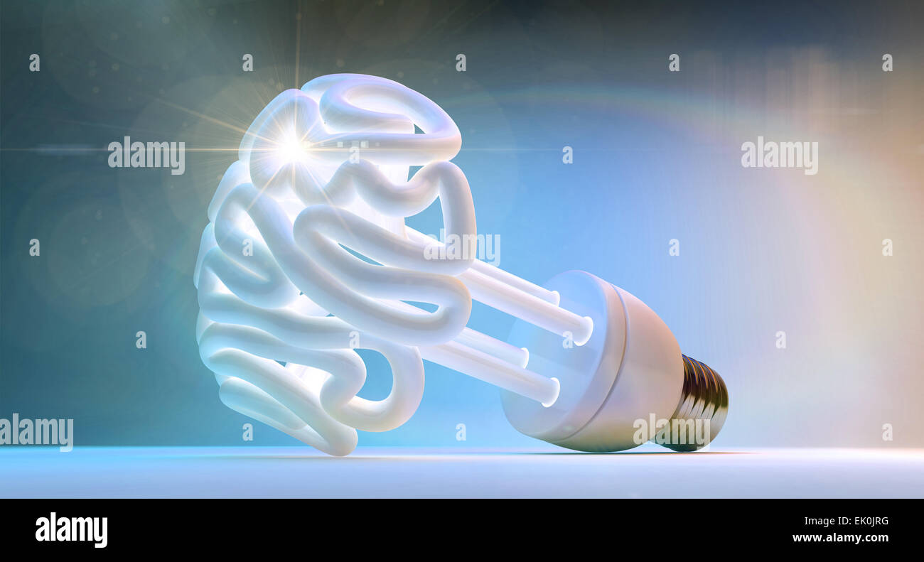 An illuminated fluorescent light bulb in the shape of a stylized brain ...