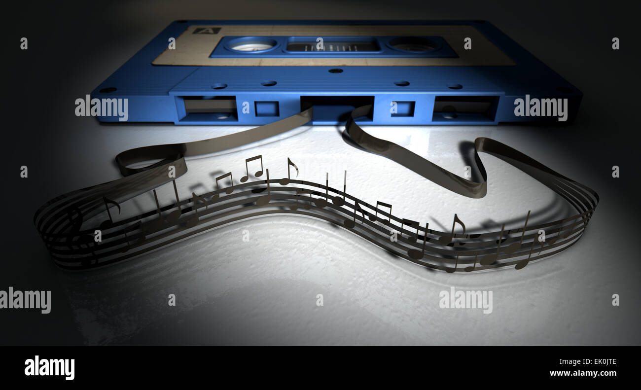 A concept view of a vintage audio cassette tape with a white label with ...