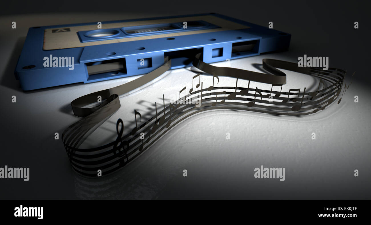 A concept view of a vintage audio cassette tape with a white label with ...