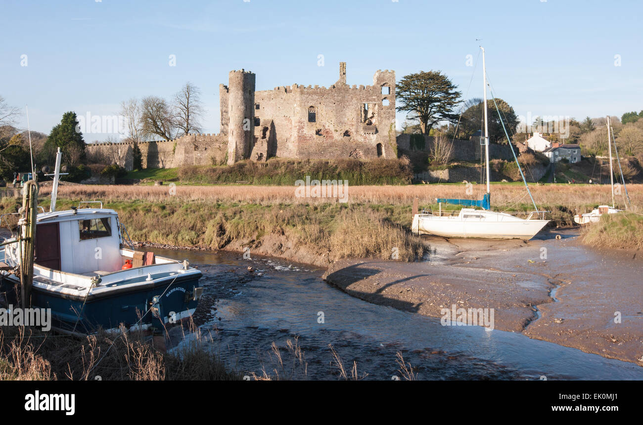 Laugharne Castle next to River Taf,and Taf Estuary. Village often ...