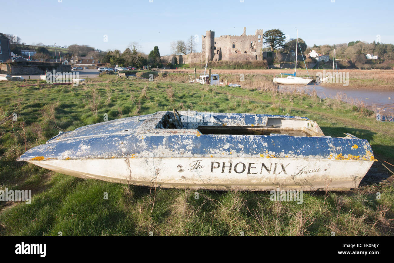 Laugharne Castle next to River Taf,and Taf Estuary. Village often ...