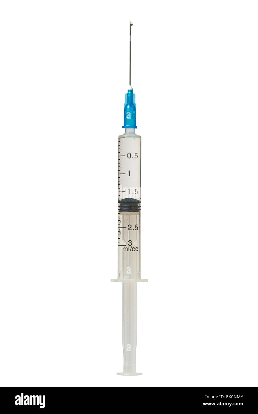 Disposable syringe with drop on needle isolated on white with clipping ...