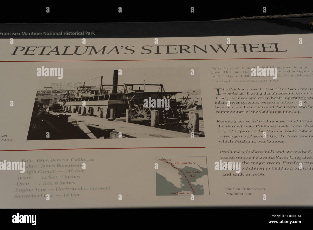 'Petaluma's sternwheel' information board, list of statistics, ferry ...