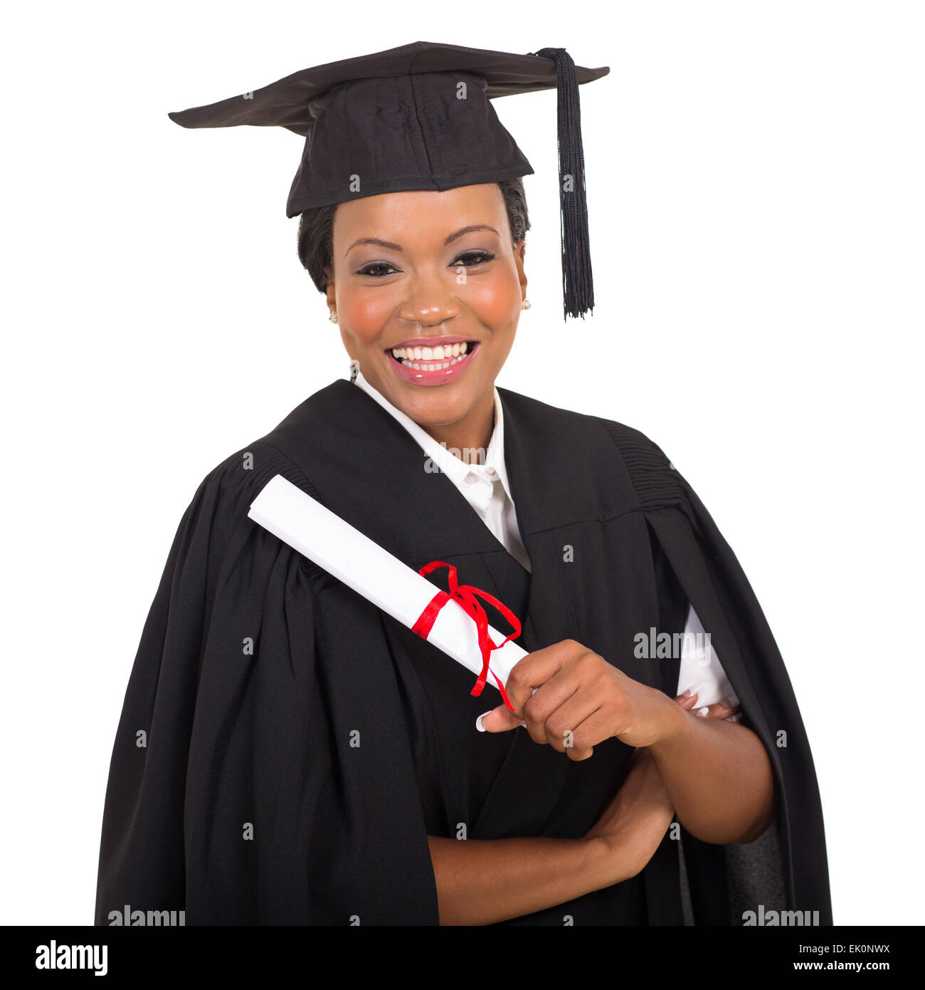 attractive female African American university graduate on white ...