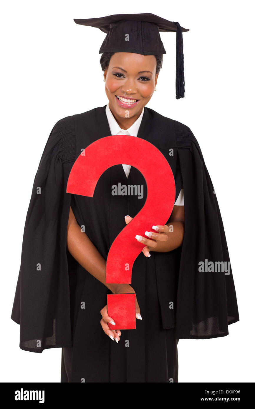 happy young African female graduate with question mark on white ...