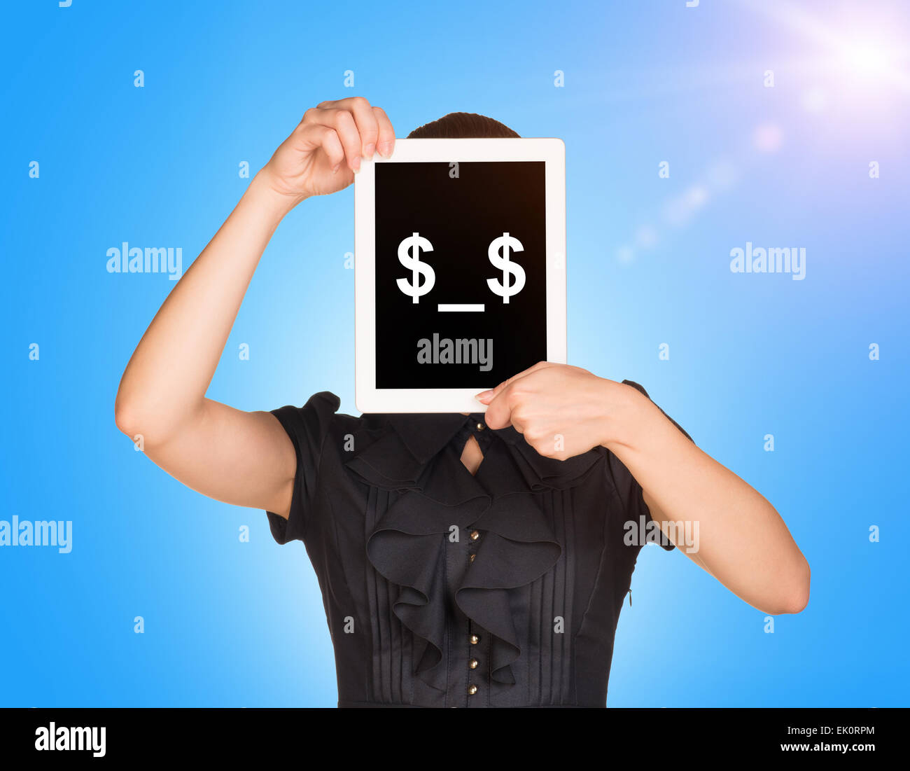 Girl in dress covered her face with tablet. On screen code smiley Stock ...