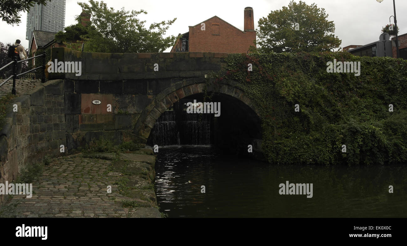 Grey sky view, to Beetham Tower, man walking Castle Street Bridge over ...
