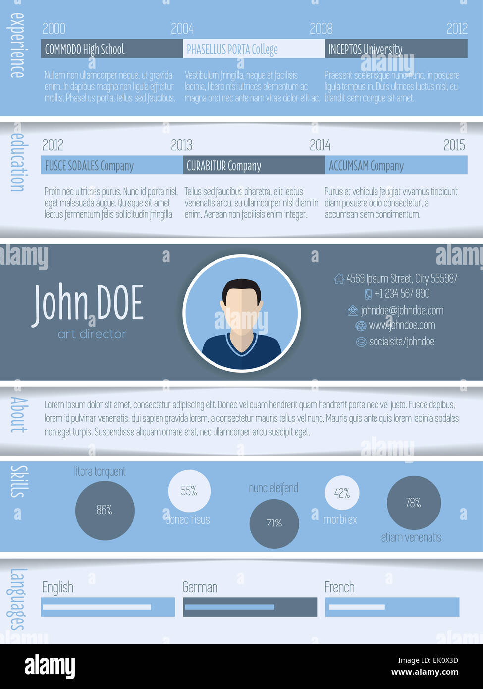 Blue white striped resume design with photo and details Stock Photo - Alamy