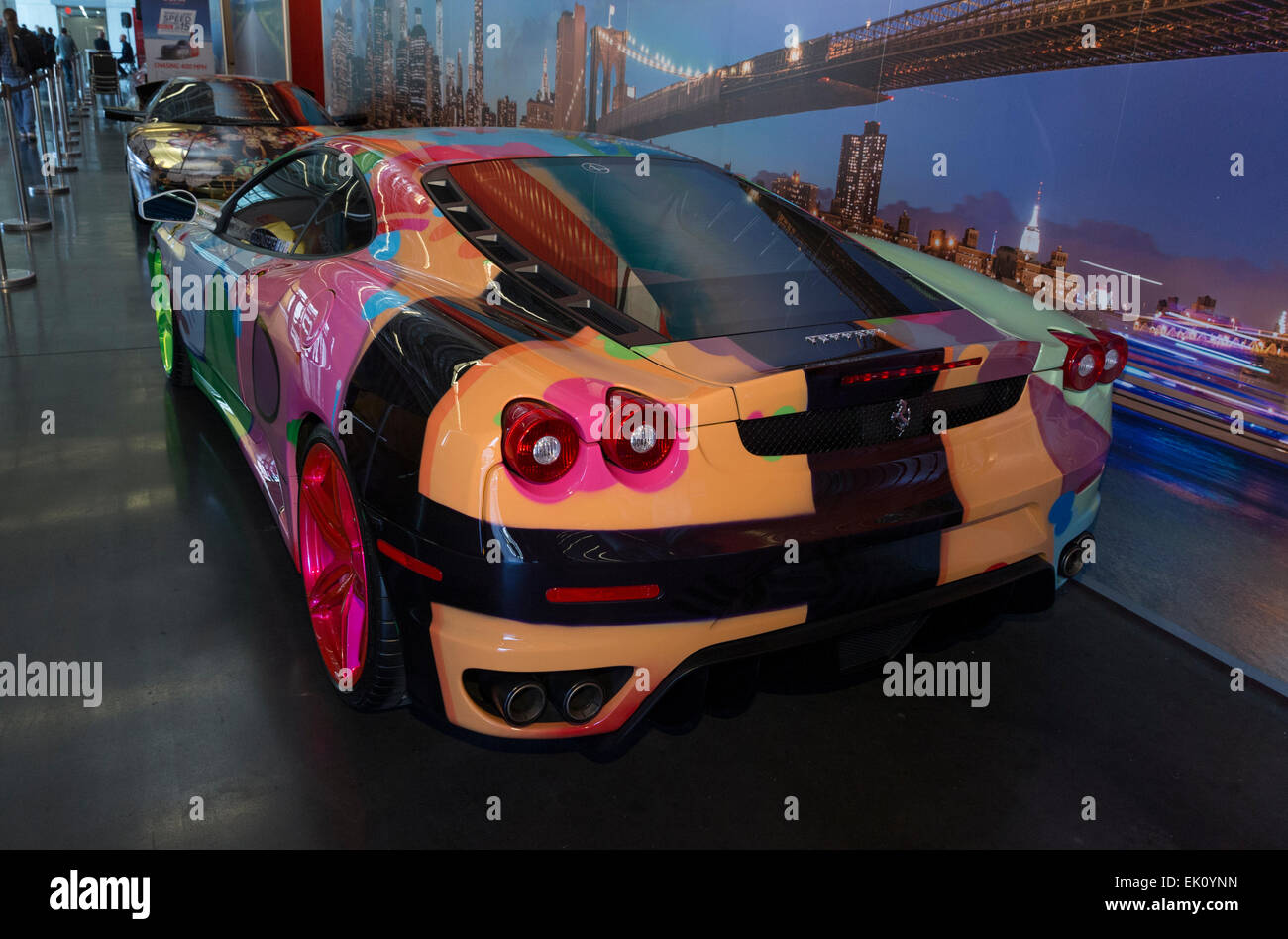 New York, NY - April 2, 2015: Exterior of painted Ferrari sport car on ...