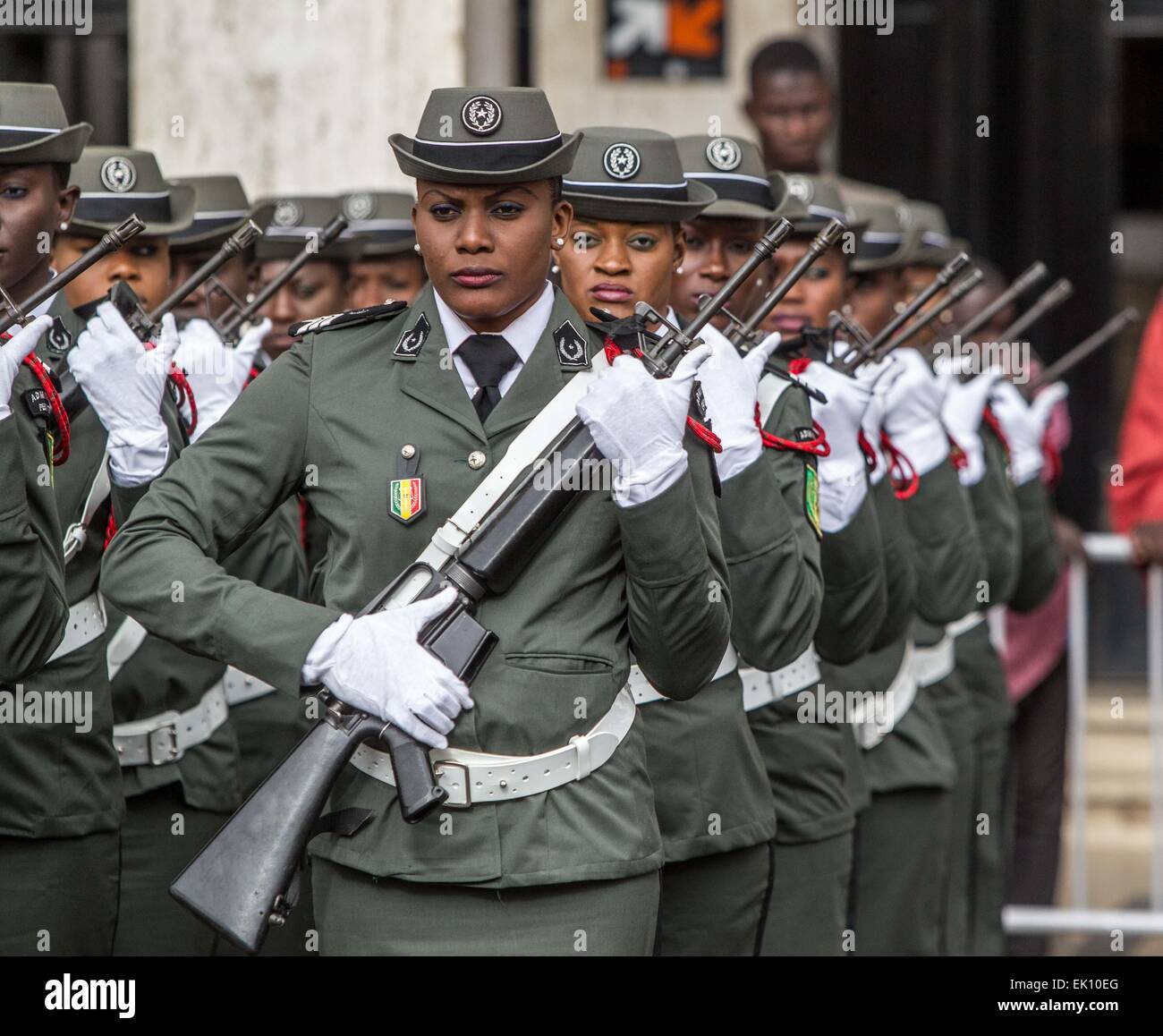 Dakar, Senegal. 4th Apr, 2015. Female soldiers wait for the ceremony of ...