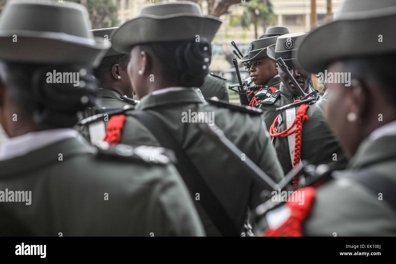 Dakar, Senegal. 4th Apr, 2015. Female soldiers wait for the ceremony of ...