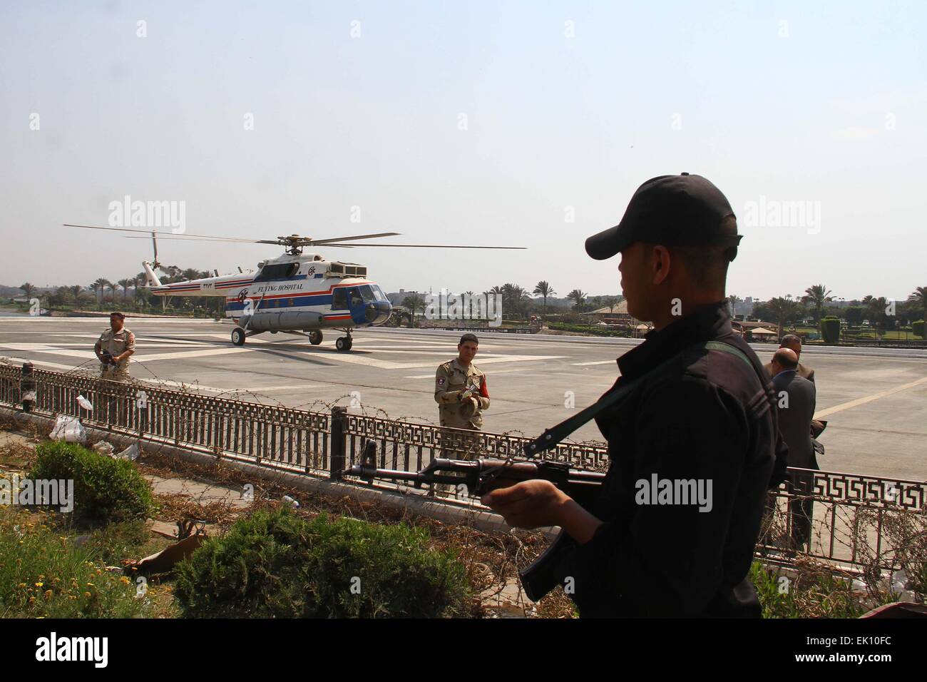 Cairo, Egypt. 4th Apr, 2015. Egyptian security personnel is on guard as ...
