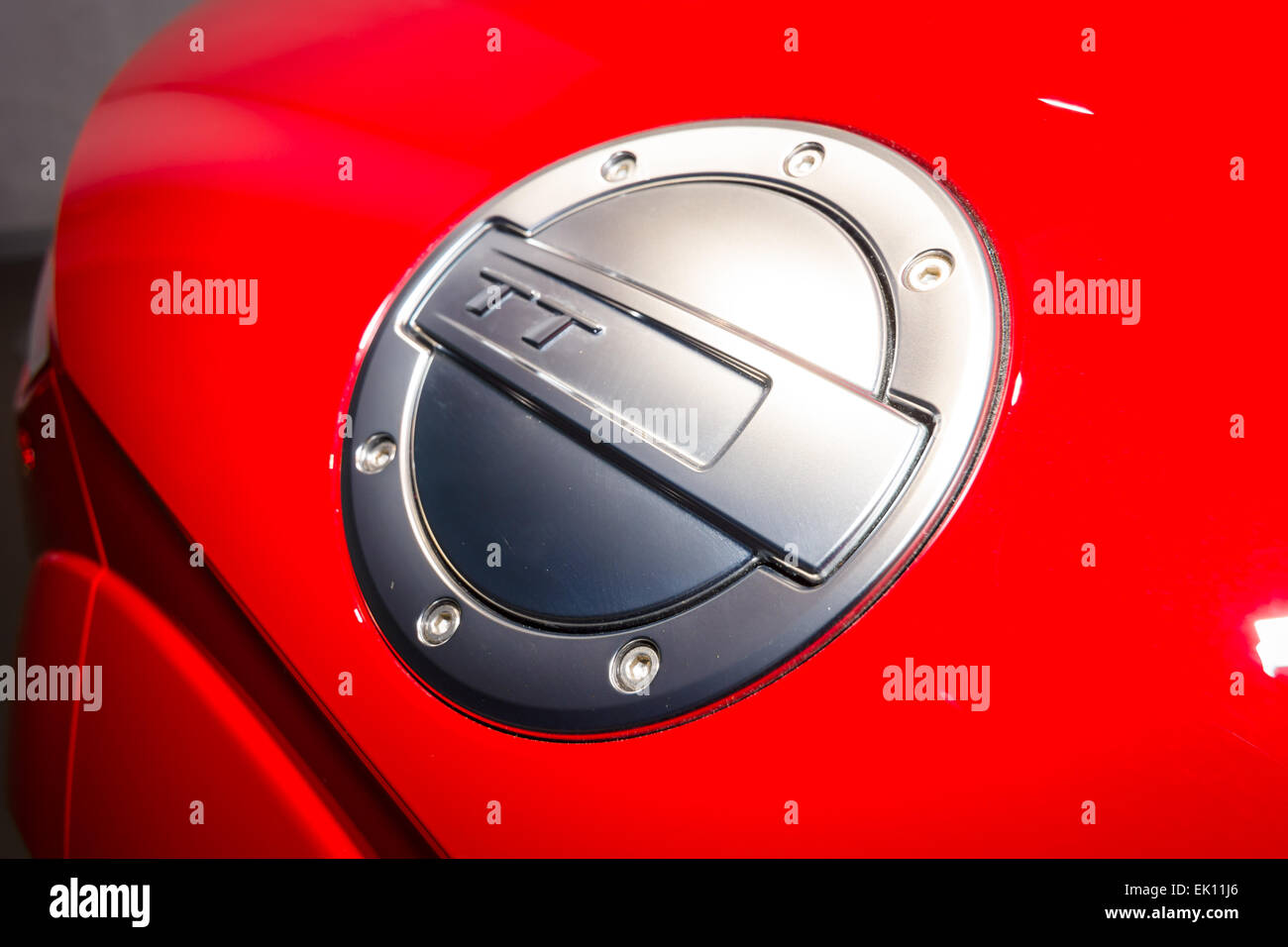 Showroom. The fuel tank cap of a sports car Audi TT 2.0 T quattro (2014 ...