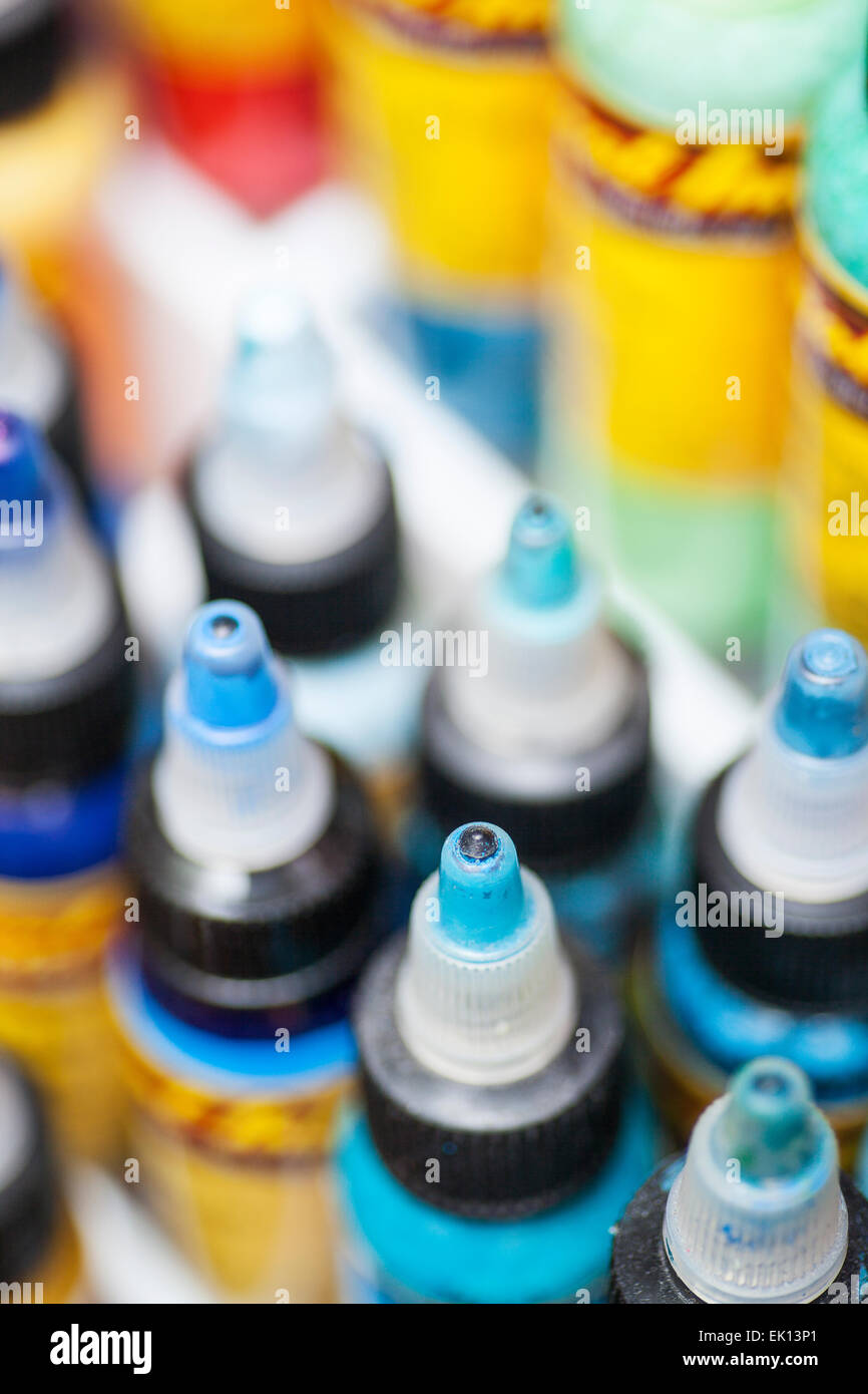 Bottles of colourful tattoo ink, in a tattoo parlor Stock Photo - Alamy